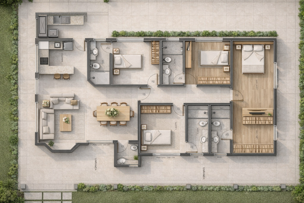 Casa com quatro quartos e espaço gourmet integrado